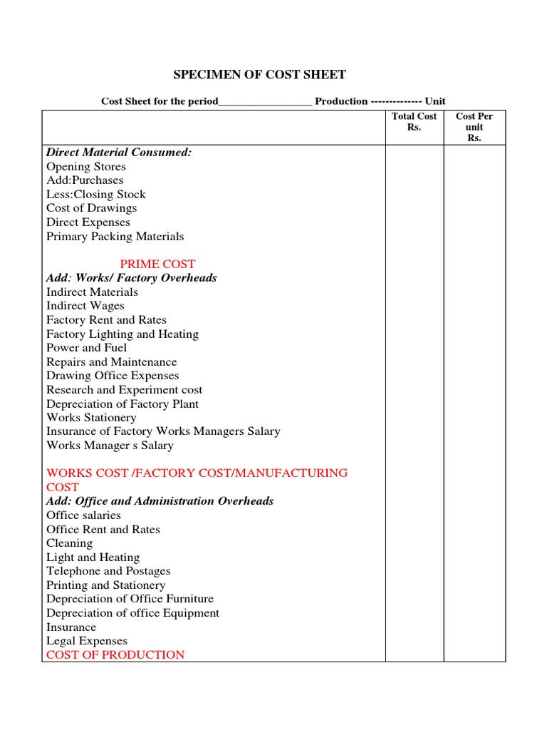 Specimen of Cost Sheet and Problems-Unit-1 Cost Sheet | PDF | Cost ...