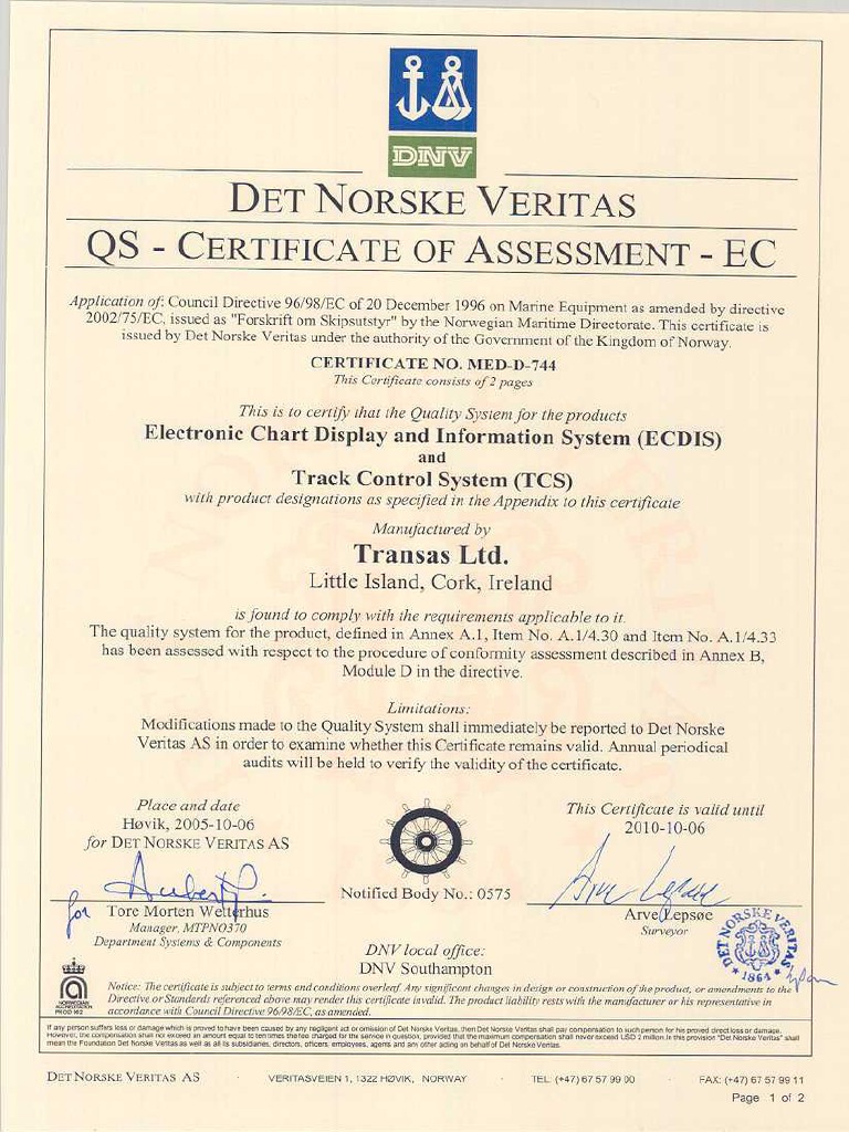 DNV Certificate MED-D-7441 | PDF