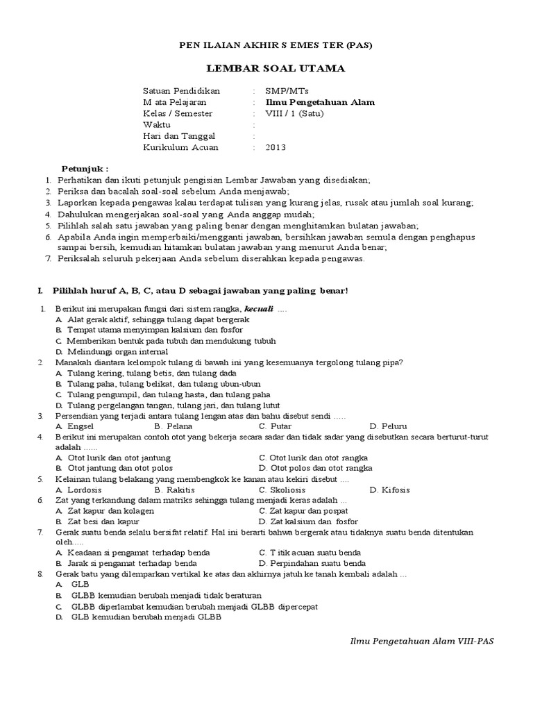 01 Soal UAS Ipa Kelas 8 Smt1-Candraedukasi | PDF