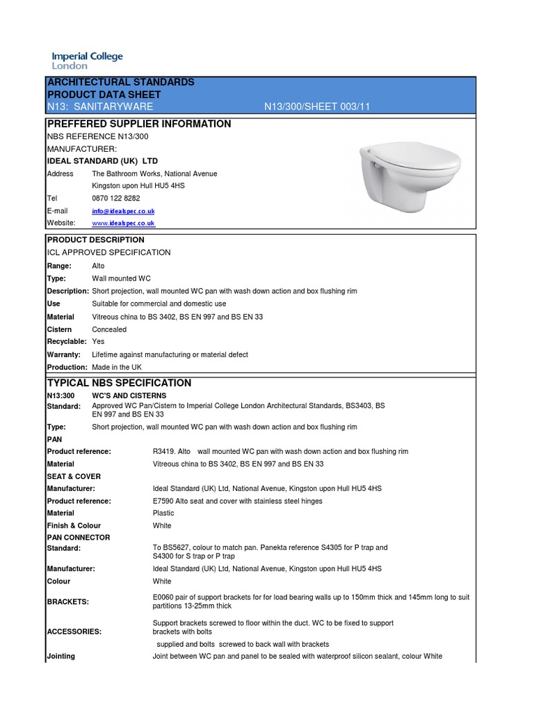 Ideal Standard Alto Sanitaryware Specs | PDF | Wall | Building Engineering