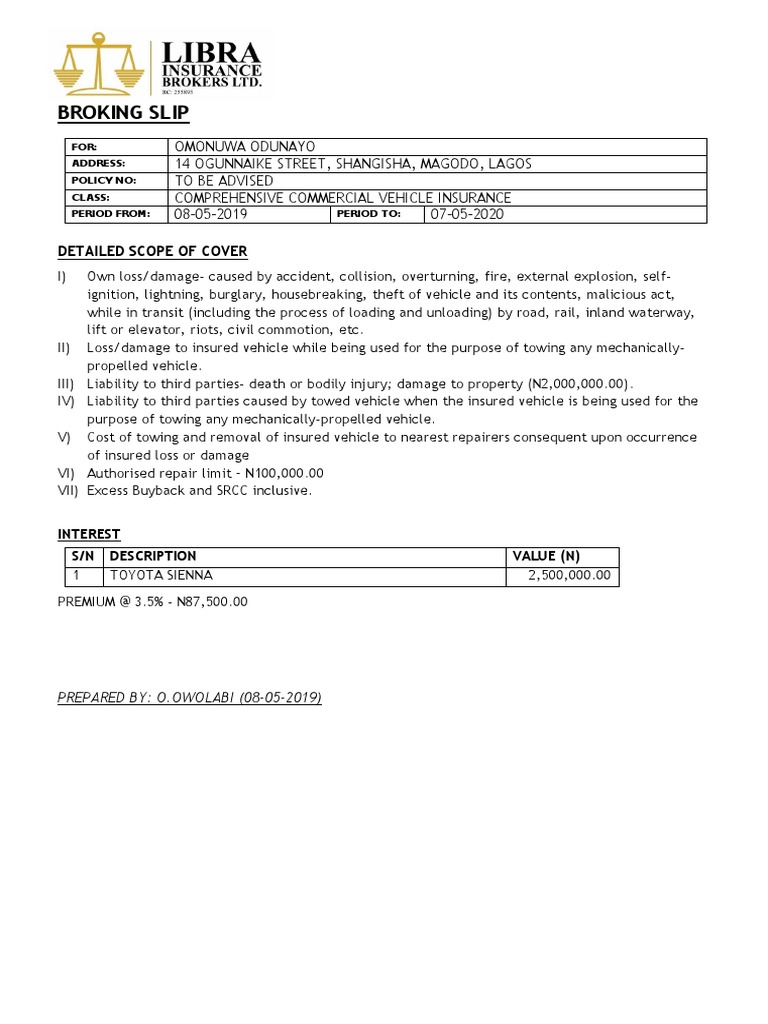 Comprehensive Vehicle Insurance Slip | PDF