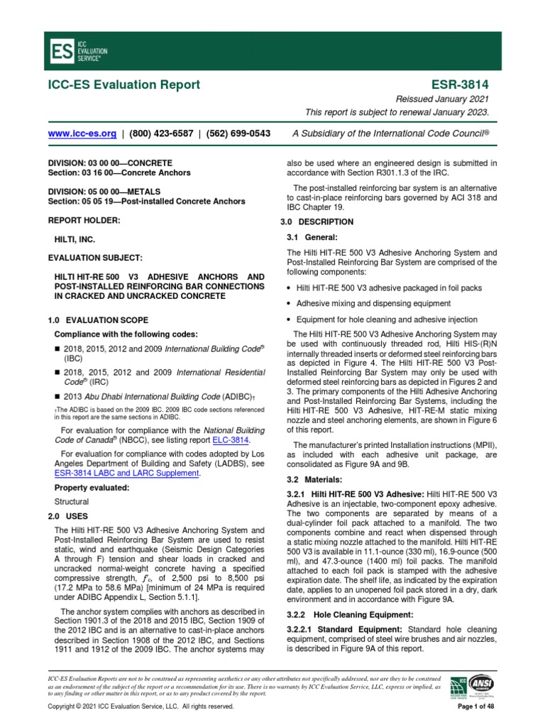 ICC-ES Evaluation Report ESR-3814 | PDF | Strength Of Materials | Drill