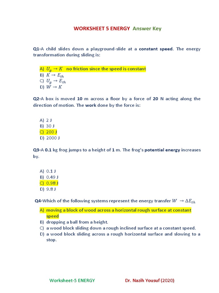 Worksheet-5 ENERGY Answer Key | PDF | Kinetic Energy | Force