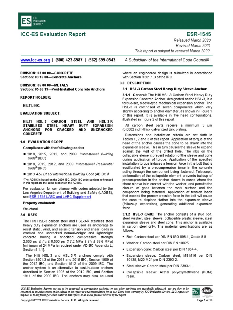 ICC-ES Evaluation Report ESR-1545 | PDF | Screw | Nut (Hardware)