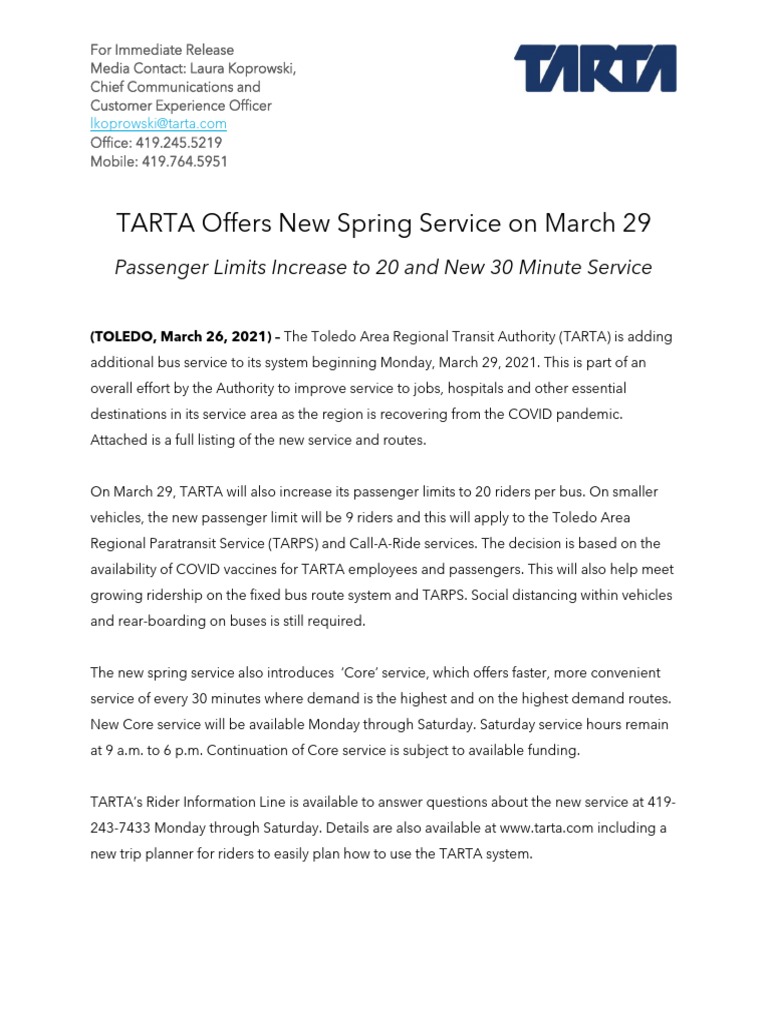 TARTA Announces New Spring Service | PDF | Bus | Public Transport