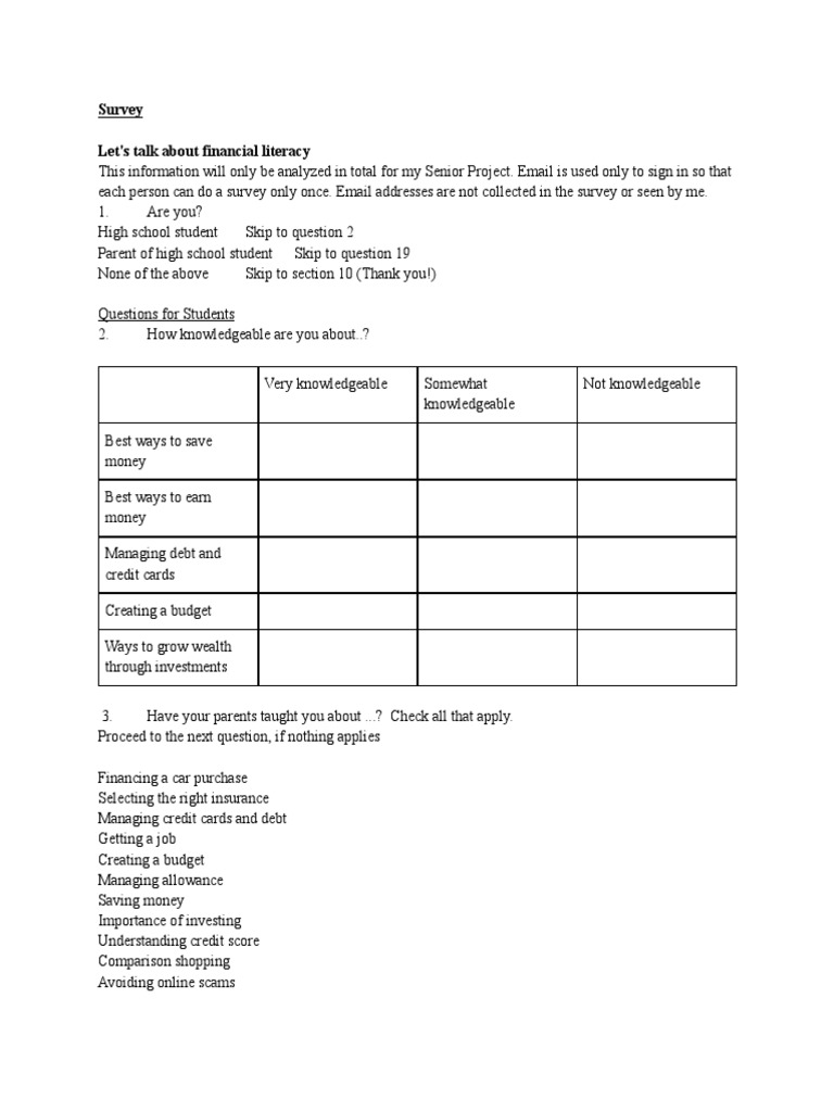 Financial Literacy Survey for Students | PDF | Personal Finance ...