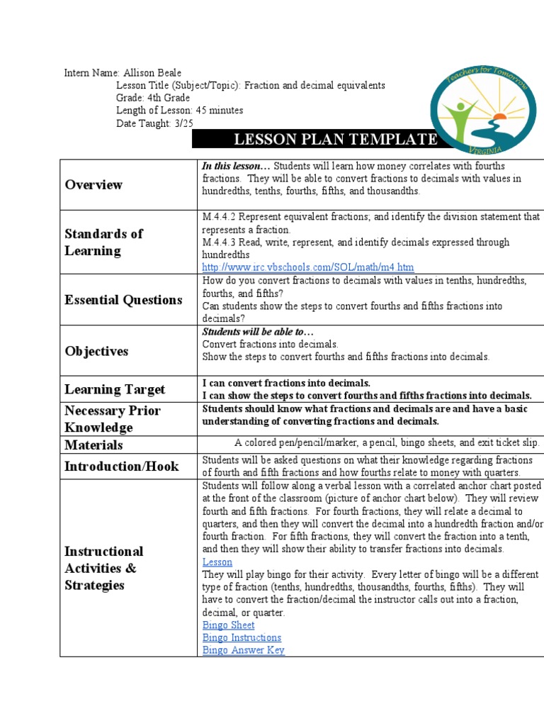 Fraction and Decimal Conversions Lesson Plan | PDF | Lesson Plan ...