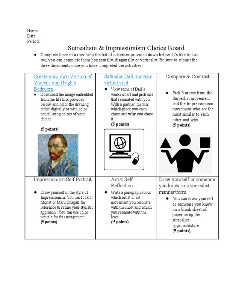Surrealism & Impressionism Choice Board | PDF | Impressionism | Surrealism