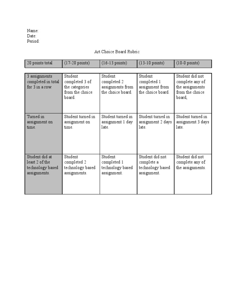 Art Choice Board Rubric | PDF