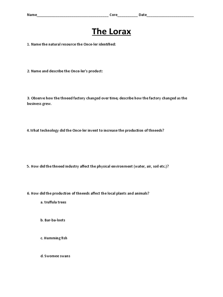 The Lorax Worksheet - Lesson Four | PDF