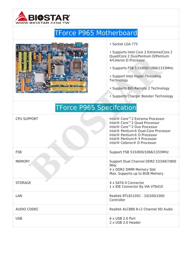 Biostar Tforce p965 Spec | PDF | Personal Computing | Computer Related Introductions
