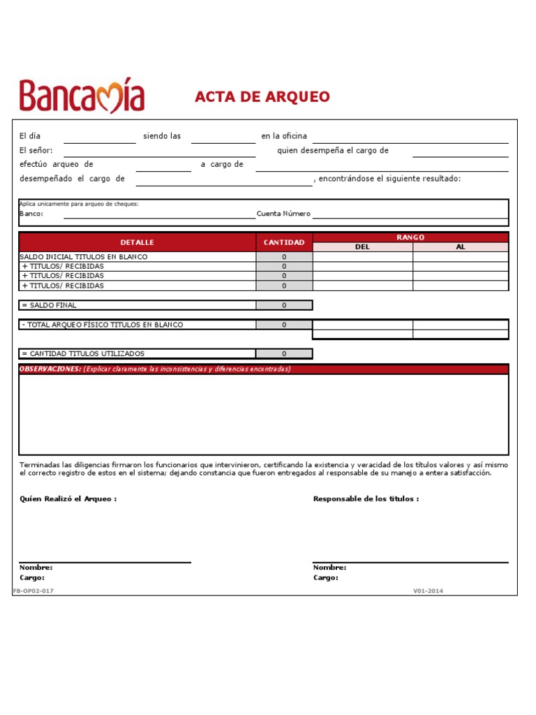 FB-PSF-005 Acta Arqueo Titulos - 01-2019.ods 2020 | PDF | Bancario ...