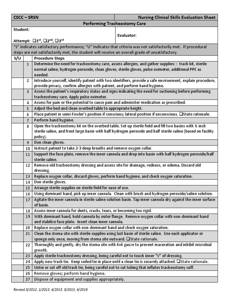 CSCC - SRSN Nursing Clinical Skills Evaluation Sheet Performing Tracheostomy Care | PDF ...