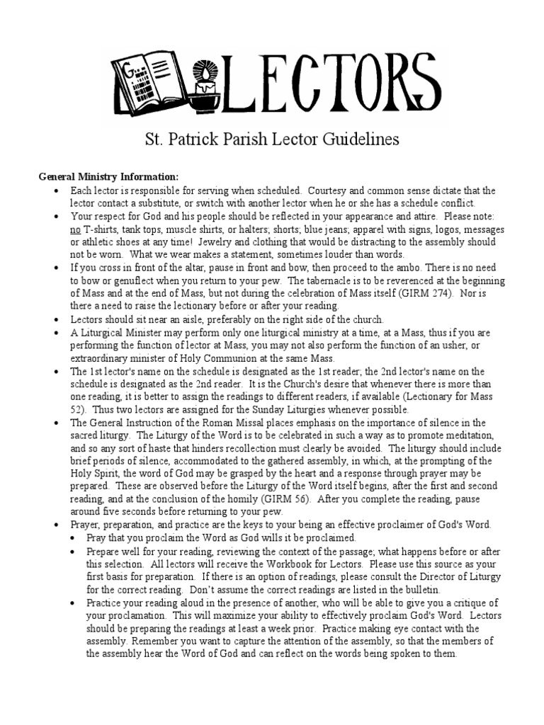Lector Guidelines for St. Patrick Parish | PDF | Lectionary | Mass ...