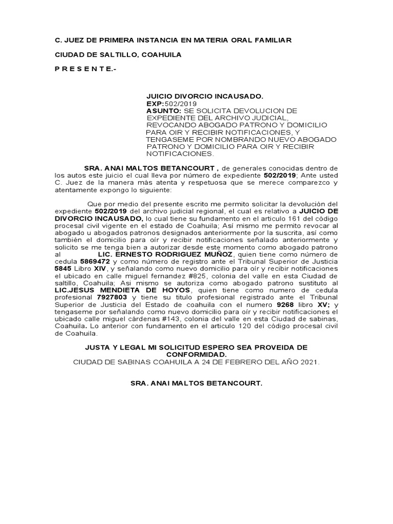 Escrito Dirigido Al Archivo Judicial para Devolucion de Expediente A Juzgado. | PDF | Separación ...