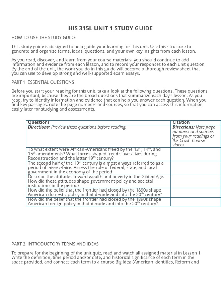 His 315L Unit 1 Study Guide: Questions Citation | PDF