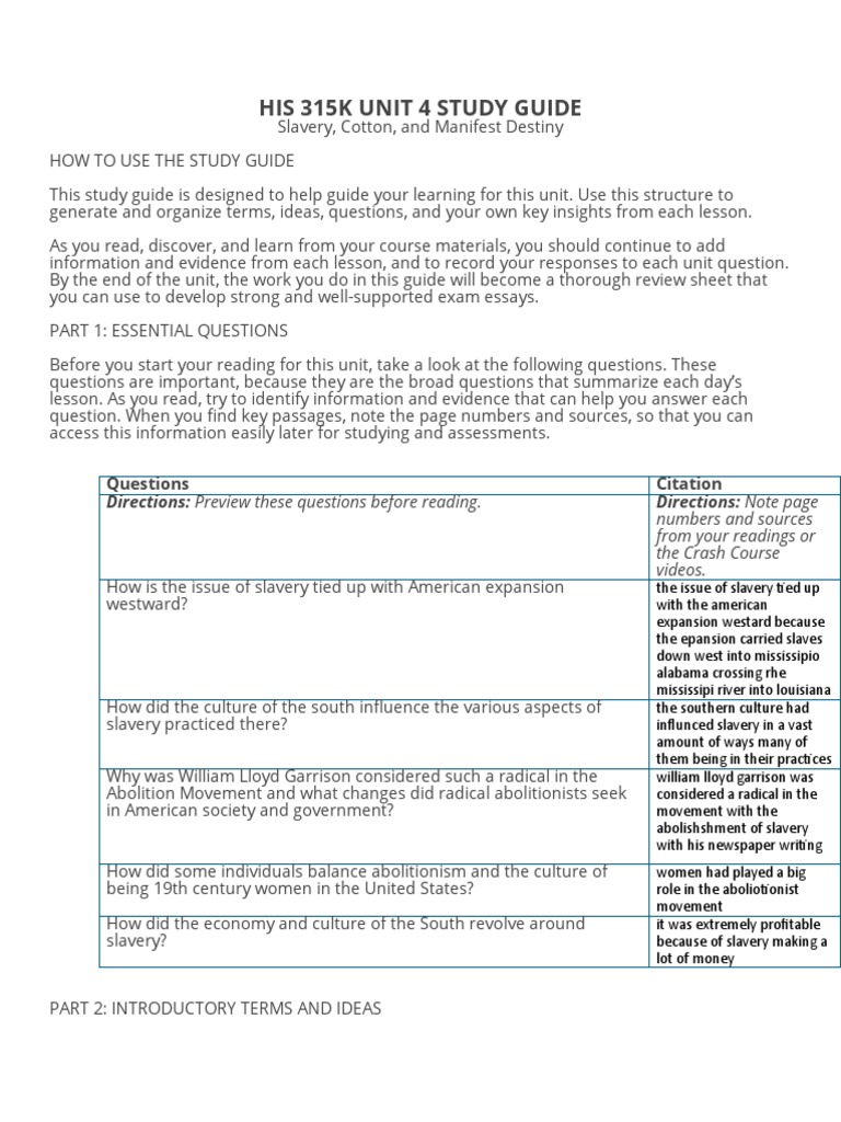 His 315K Unit 4 Study Guide: Questions Citation | PDF | Abolitionism In ...