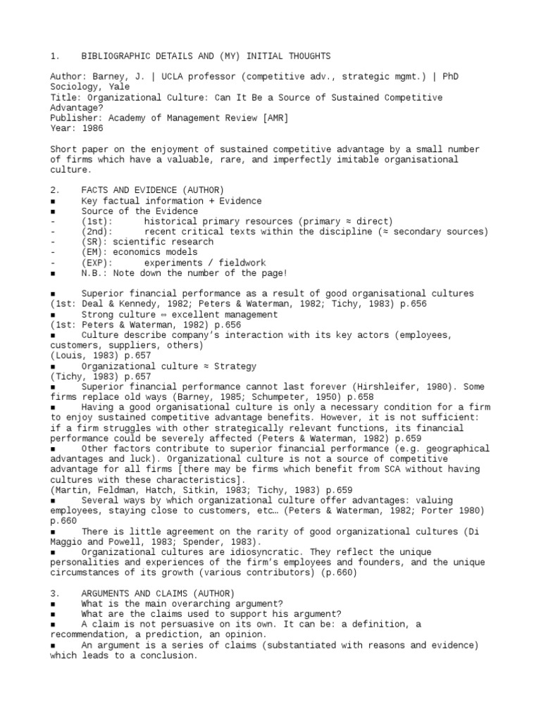Barney (1986) - Organisational Culture | PDF | Organizational Culture ...
