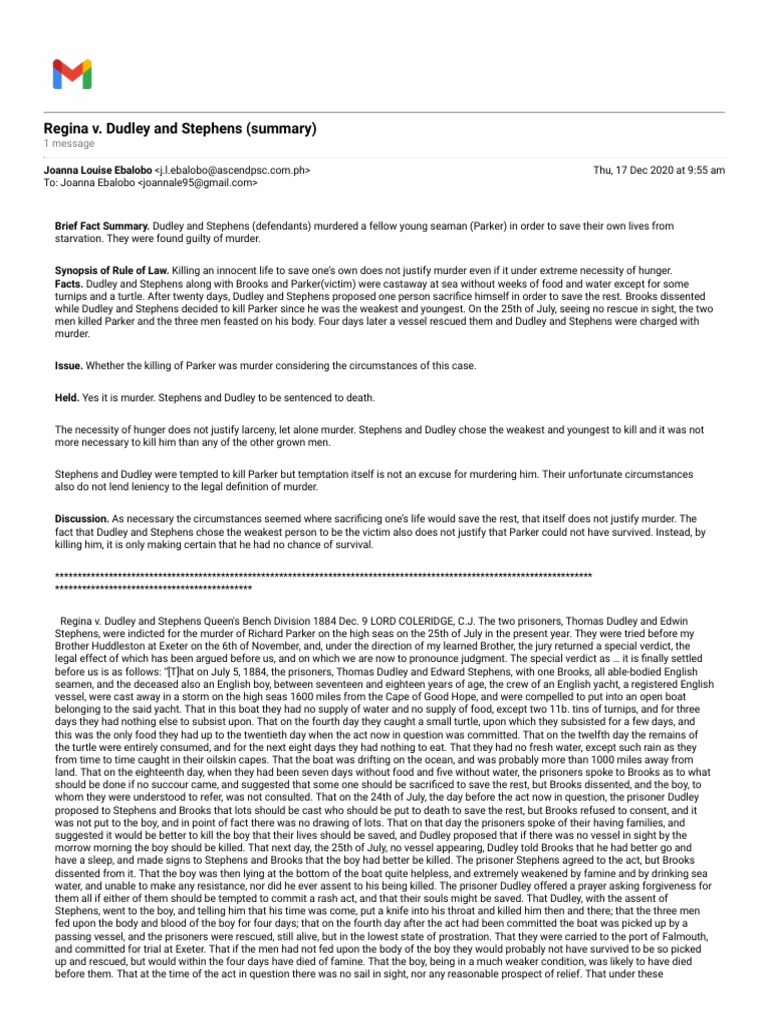 Regina v. Dudley & Stephens Case Summary | PDF | Murder | Verdict