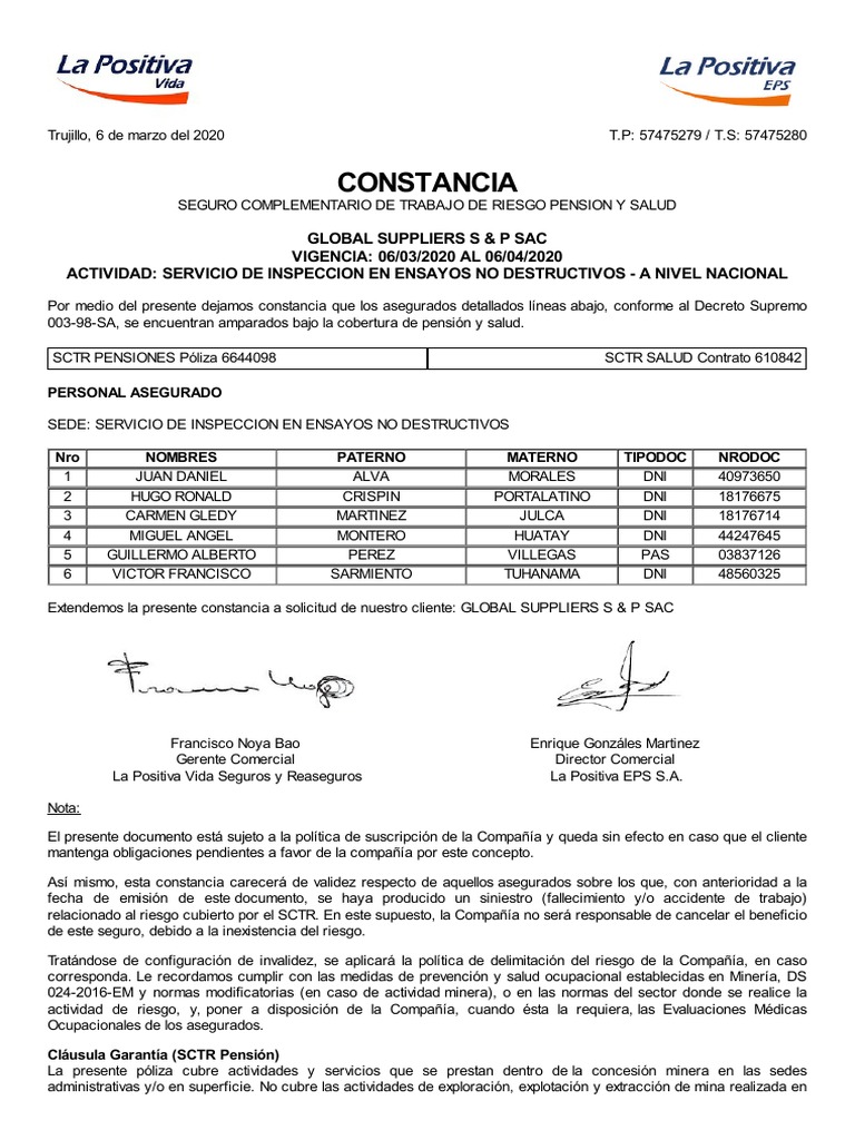 Constancia SCTR Global Supliers-3 | PDF | Póliza de seguros | Seguro