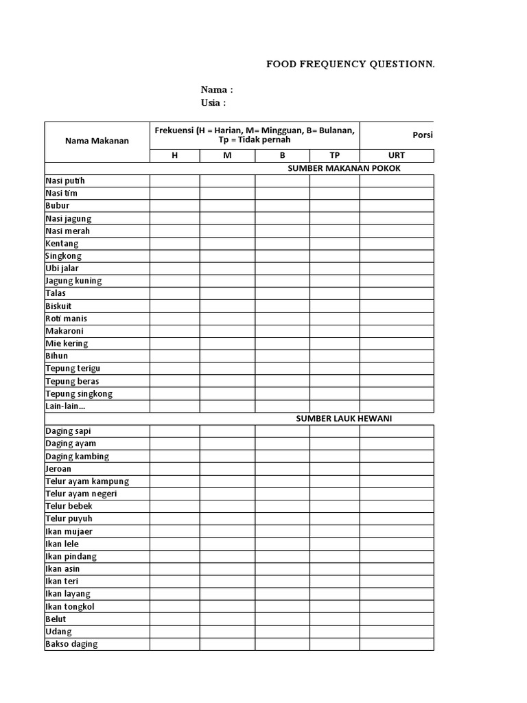 Form FFQ Semi Kuantitatif | PDF