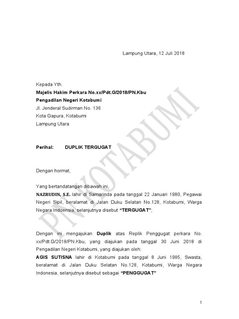 Contoh Duplik Tergugat | PDF