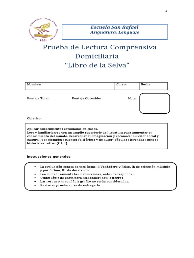 Evaluación de Mowgli: Prueba de Lectura | PDF | El libro de la selva ...