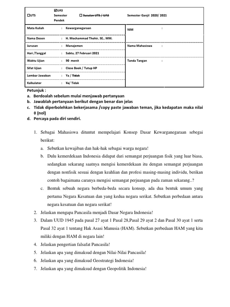 Soal UAS Kewarganegaraan | PDF