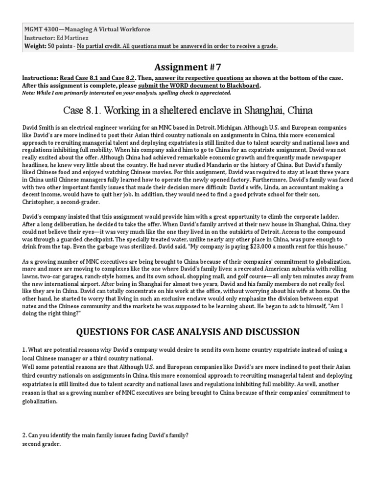 Case 8.1. Working in A Sheltered Enclave in Shanghai, China: Assignment #7 | PDF | Finland | China