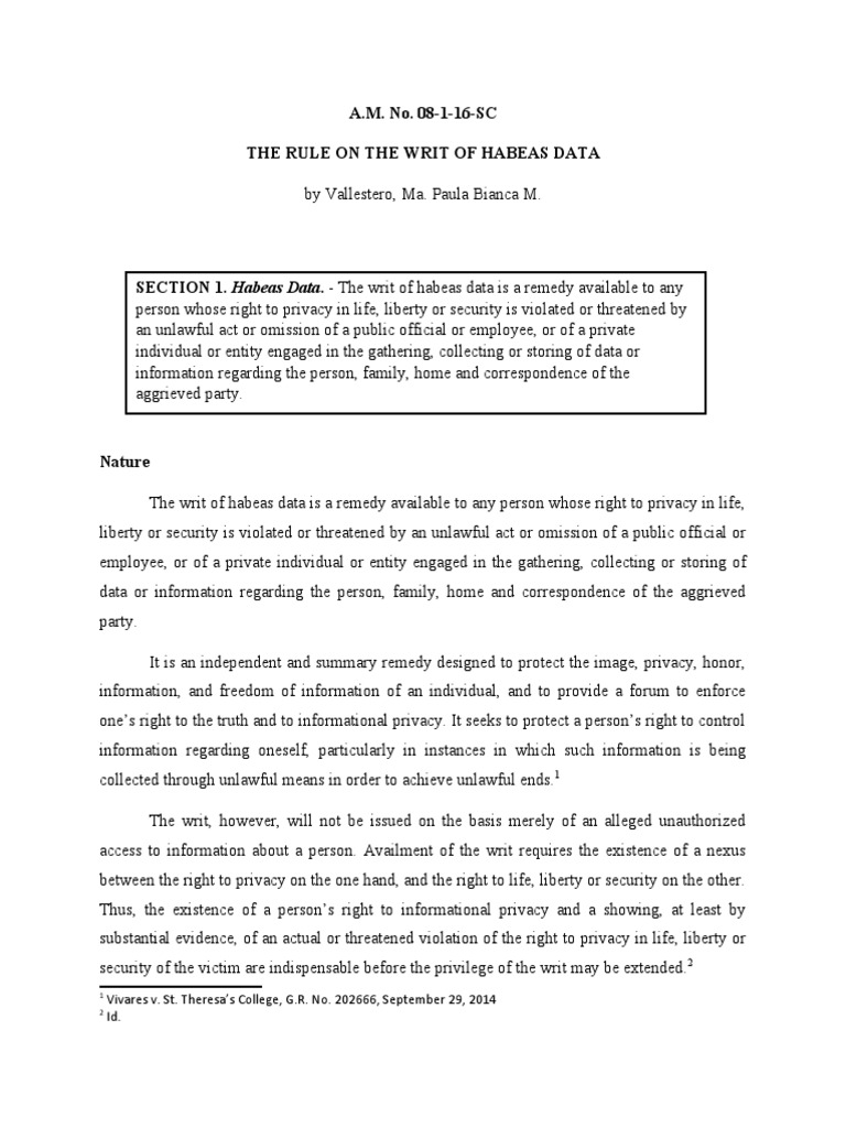 A.M. No. 08-1-16-SC The Rule On The Writ of Habeas Data | PDF | Habeas ...