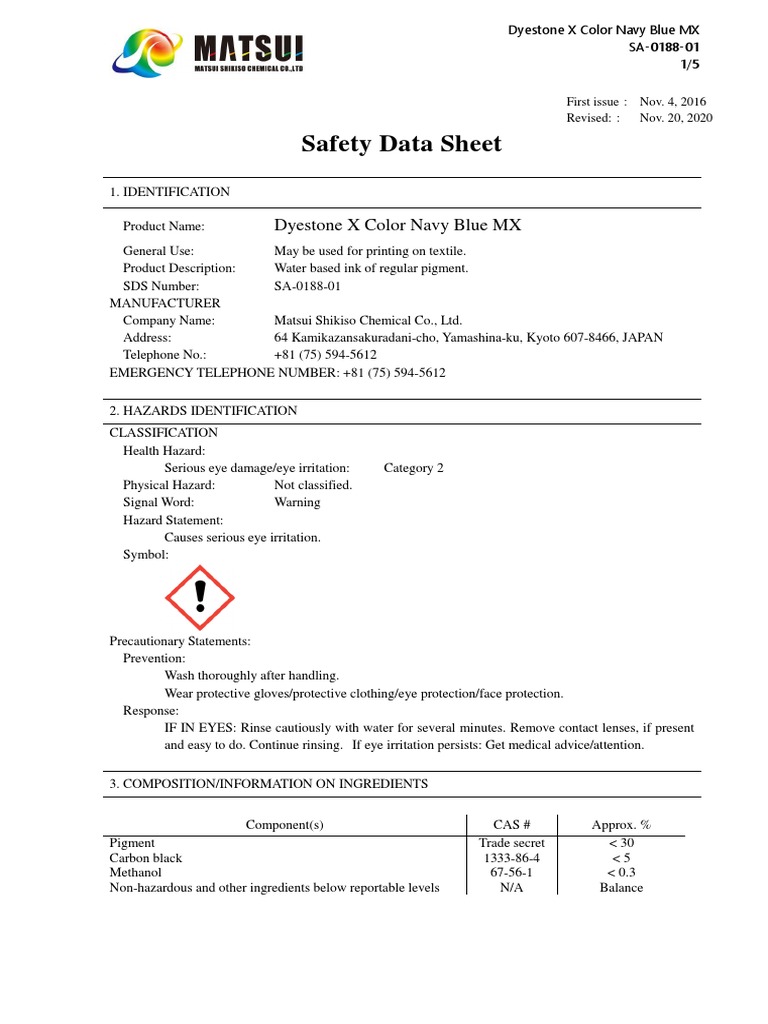 Dyestone Navy Blue MX SDS SA-0188-01 | PDF | Personal Protective ...