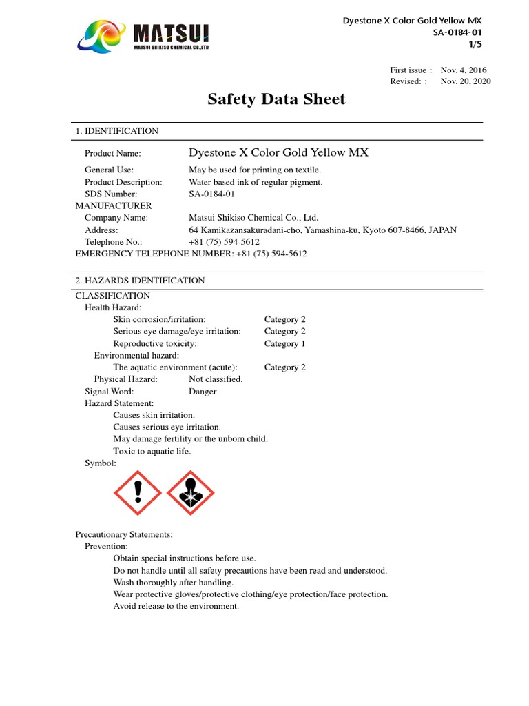 Dyestone Gold Yellow MX SDS SA-0184-01 | PDF | Toxicity | Personal ...