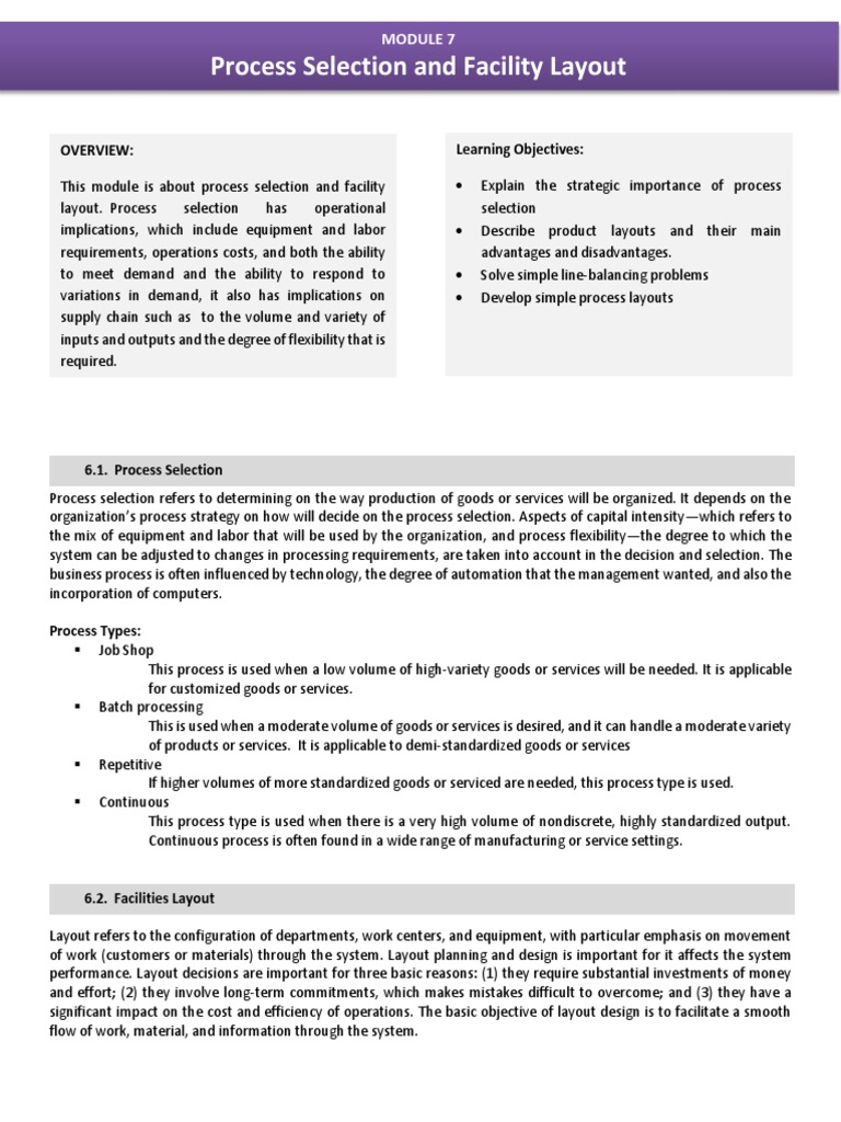 Process Selection and Facility Layout: Overview: Learning Objectives ...