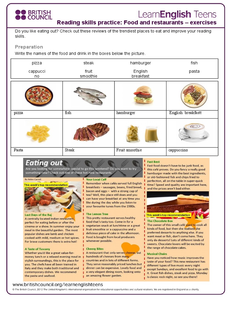 Reading Skills Practice: Food and Restaurants - Exercises: Preparation ...