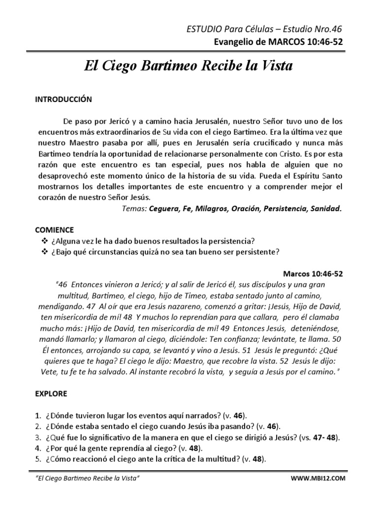 Estudio 46 El Ciego Bartimeo Marcos 10 46 - 52 | PDF | Jesús | Oración