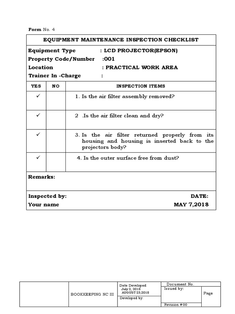 Equipment Maintenance Inspection Checklist | PDF