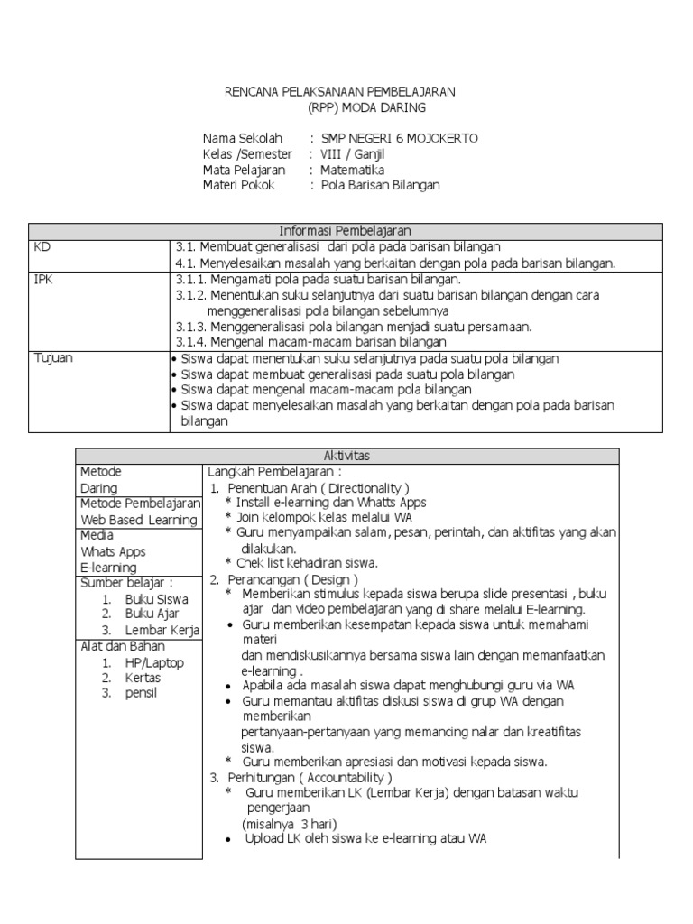 RPP Pola Bilangan | PDF
