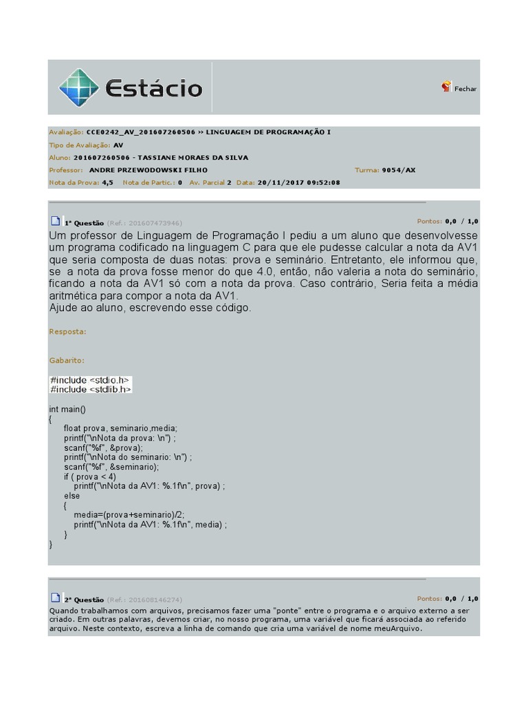 Avaliação Linguagem de Programção | PDF | C (linguagem de programação ...