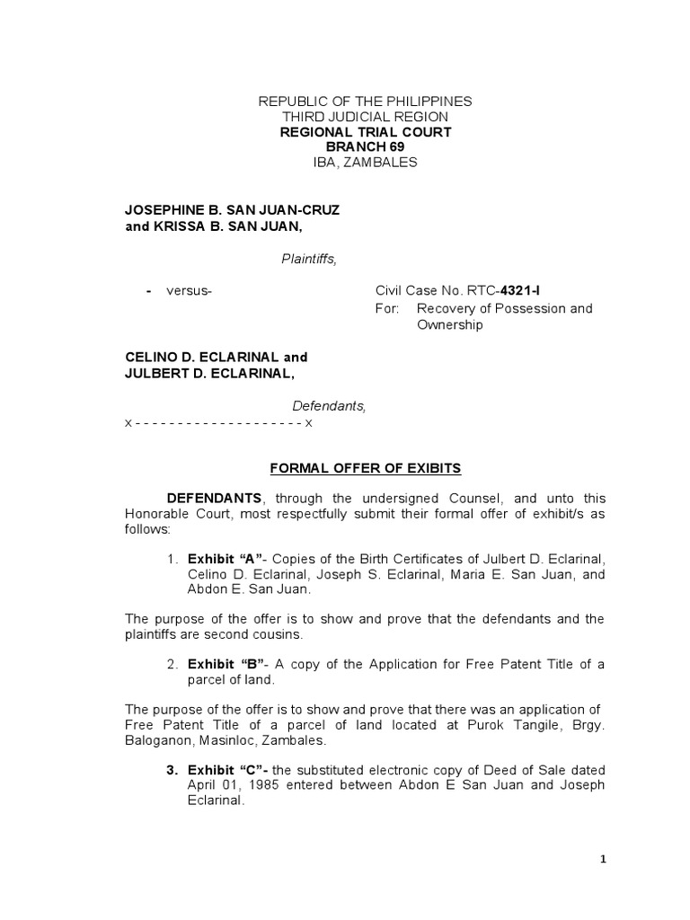 1 - Formal Offer of Exhibits For Civil Case | PDF | Lawsuit | Judiciaries