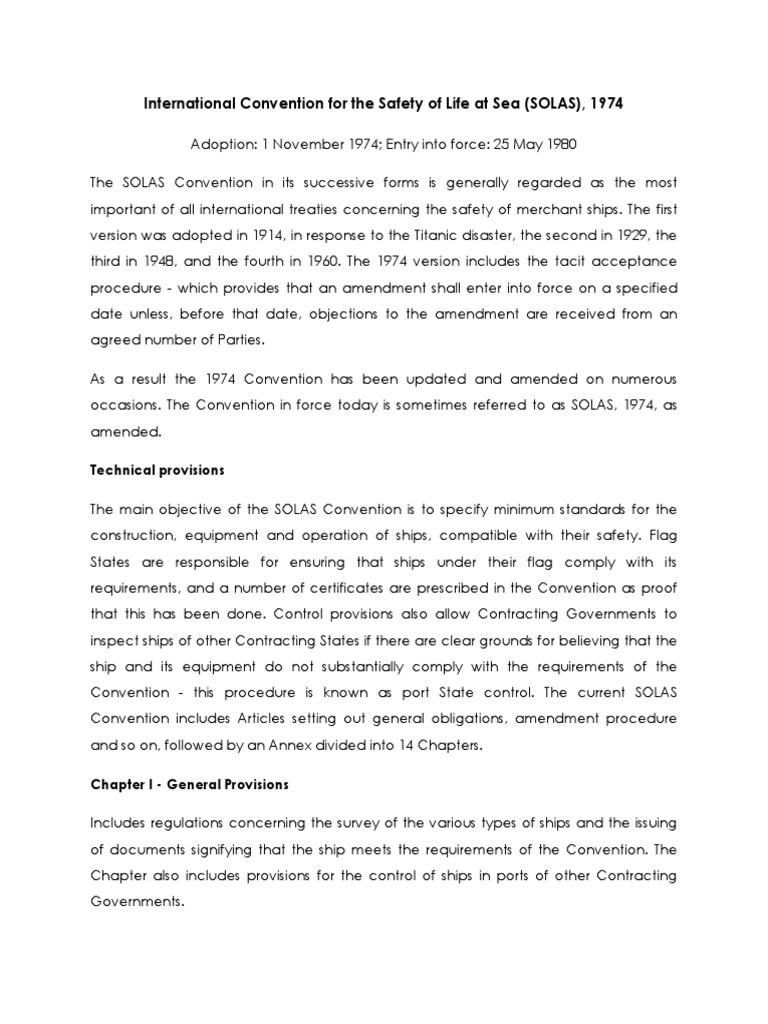 International Convention For The Safety of Life at Sea SOLAS 1974 | PDF