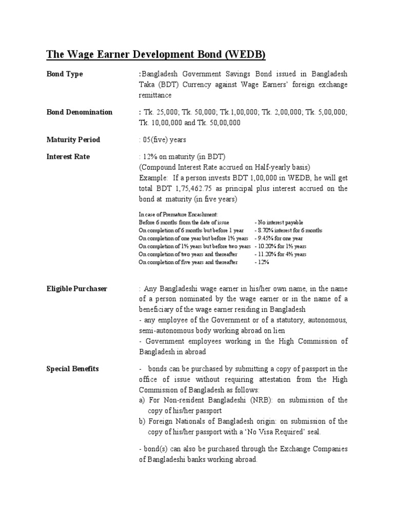 The Wage Earner Development Bond (WEDB) : Bond Type:Bangladesh Government Savings Bond Issued in ...