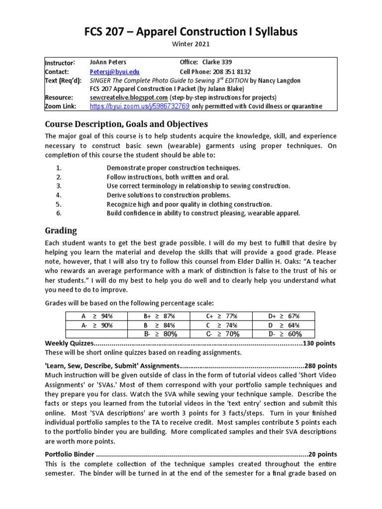 Fcs 207 Syllabus - Winter 2021 Updated | PDF | Seam (Sewing) | Sewing
