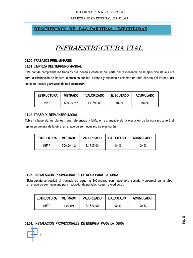 Informe final de obra vial y construcción de infraestructura municipal en Tilali | PDF ...