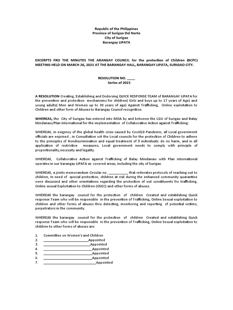 BCPC Resolution (Adoption of QRT) | PDF | Human Trafficking | Crime & Violence