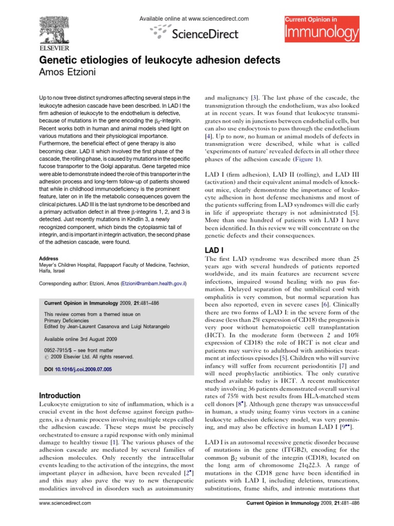 Genetic Etiologies of Leukocyte Adhesion Defects | PDF | Cell Adhesion ...