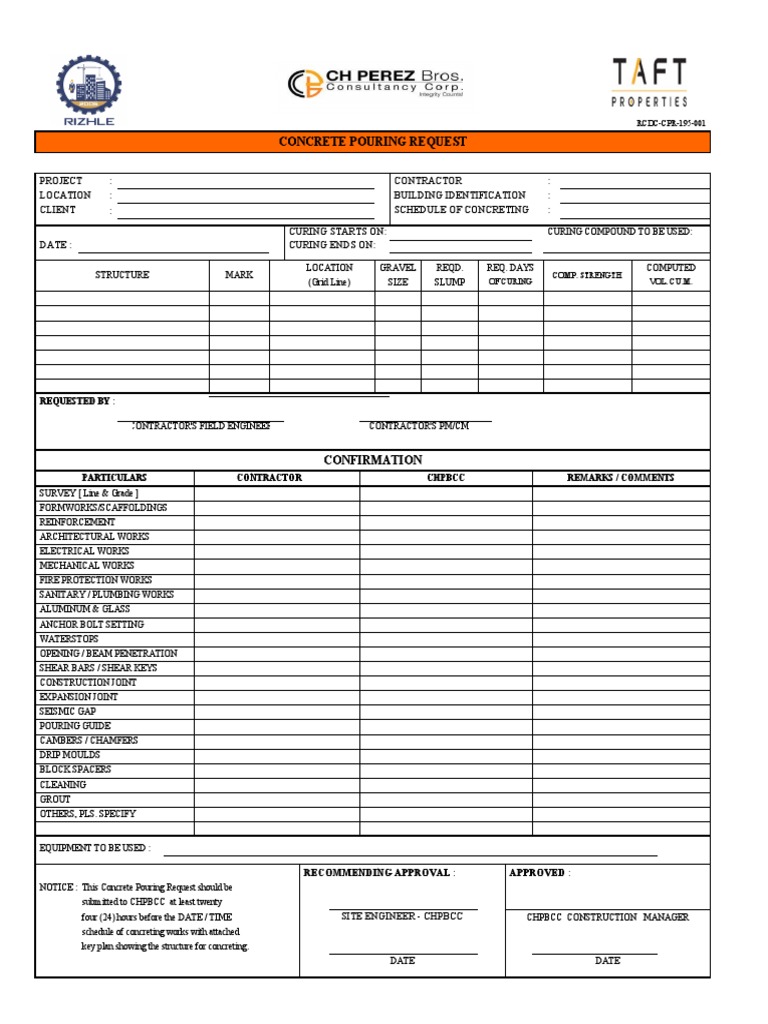 RCDC-CPR-195-001 Concrete Pouring Request | PDF | Concrete | Building ...