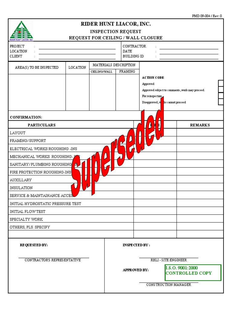 Inspection Request for Ceiling/Wall Enclosure at Construction Project ...