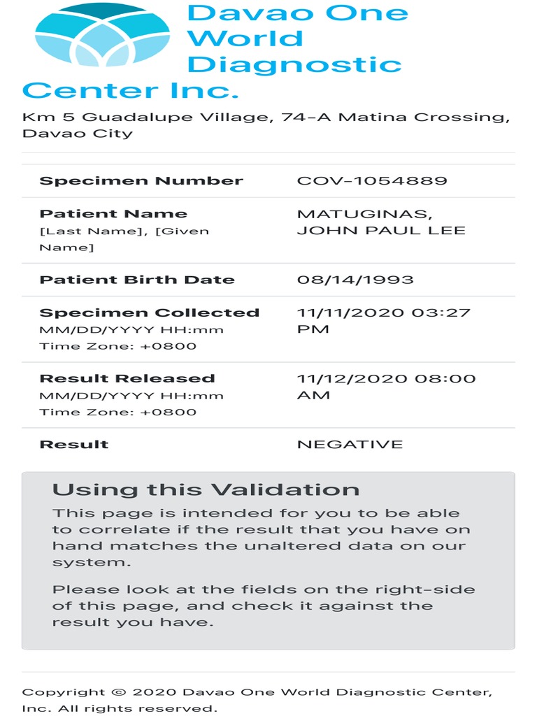 Davao One World Diagnostic Center, Inc. Validation Site | PDF
