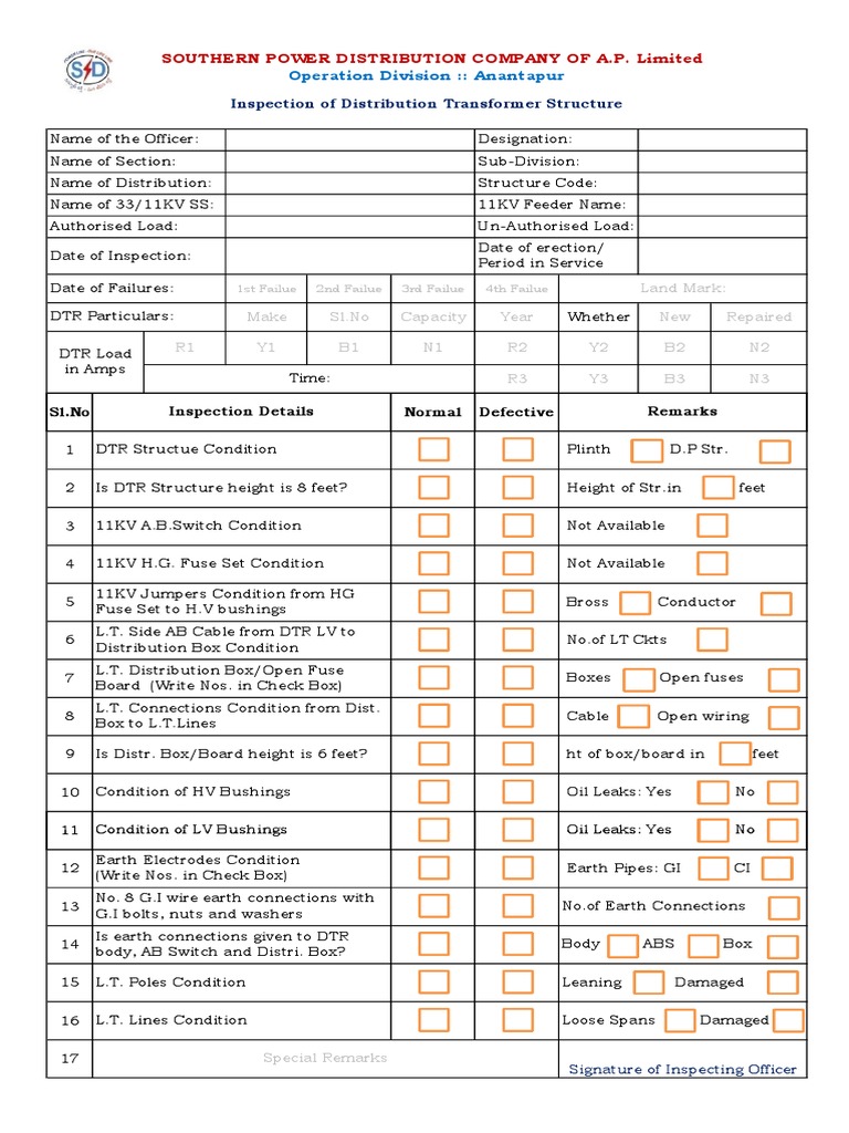 Inspection of DTR Structure 1 | PDF | Electrical Equipment | Components
