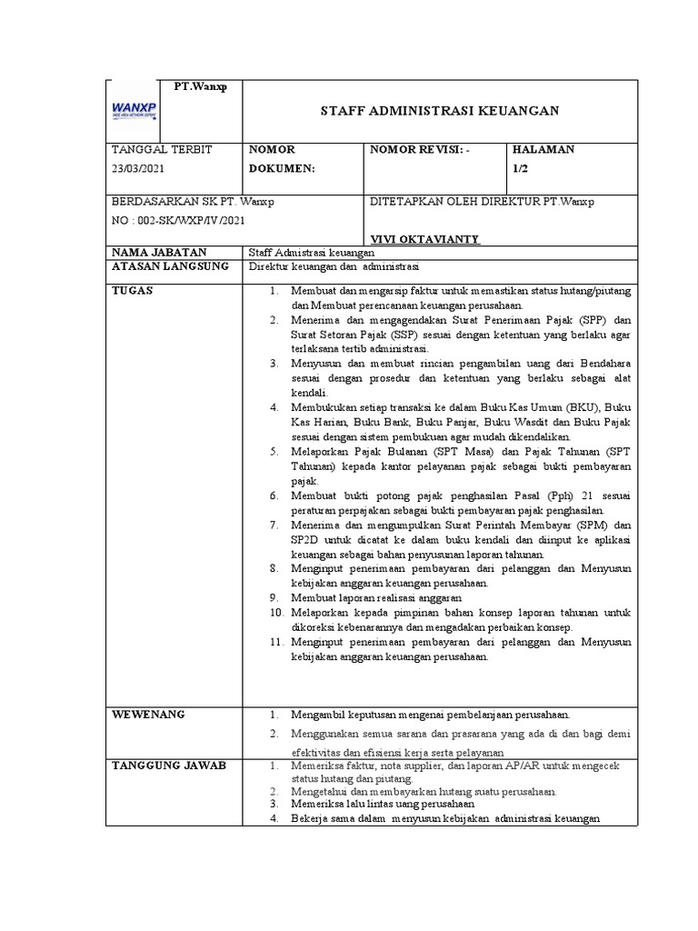 Jobdesk Staff Administrasi Keuangan | PDF